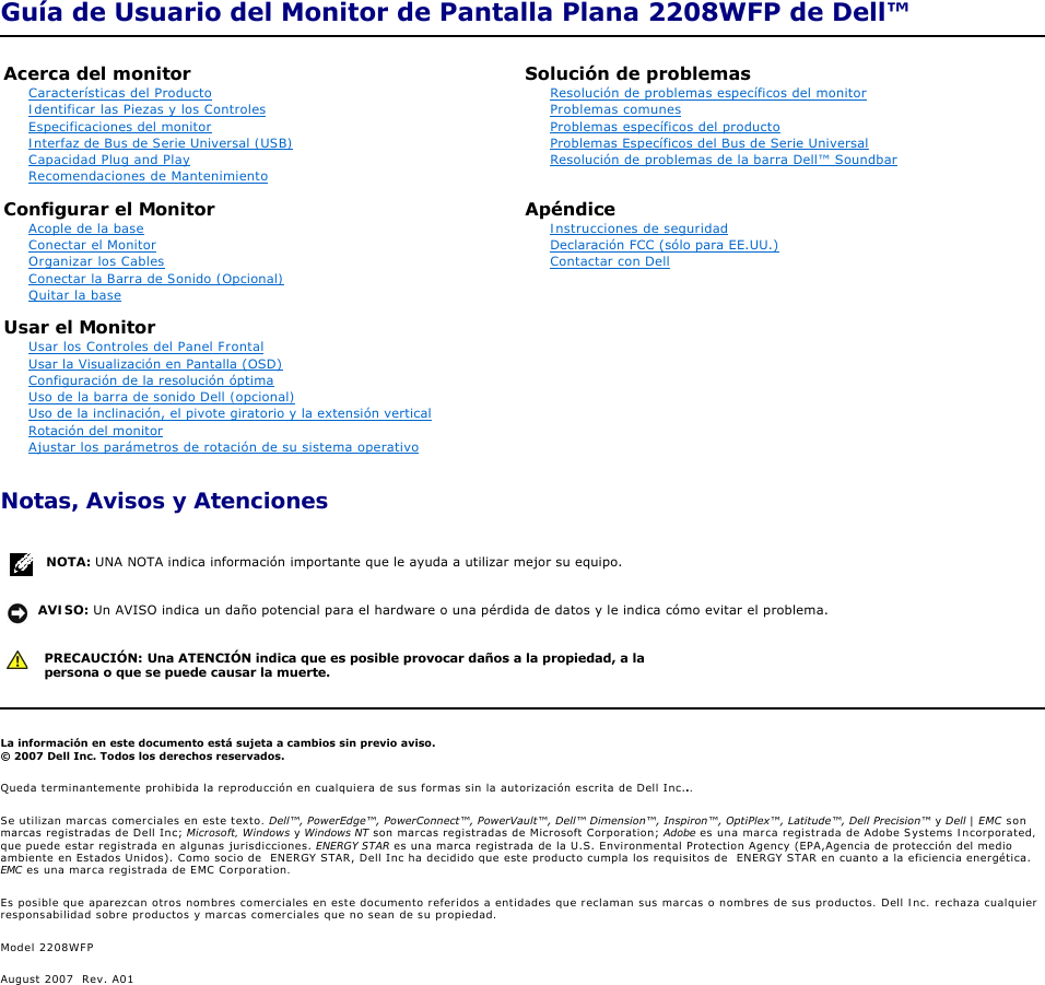 Dell 2208wfp Monitor Guía De Usuario User Manual GuÃ­a User's Guide Es mx