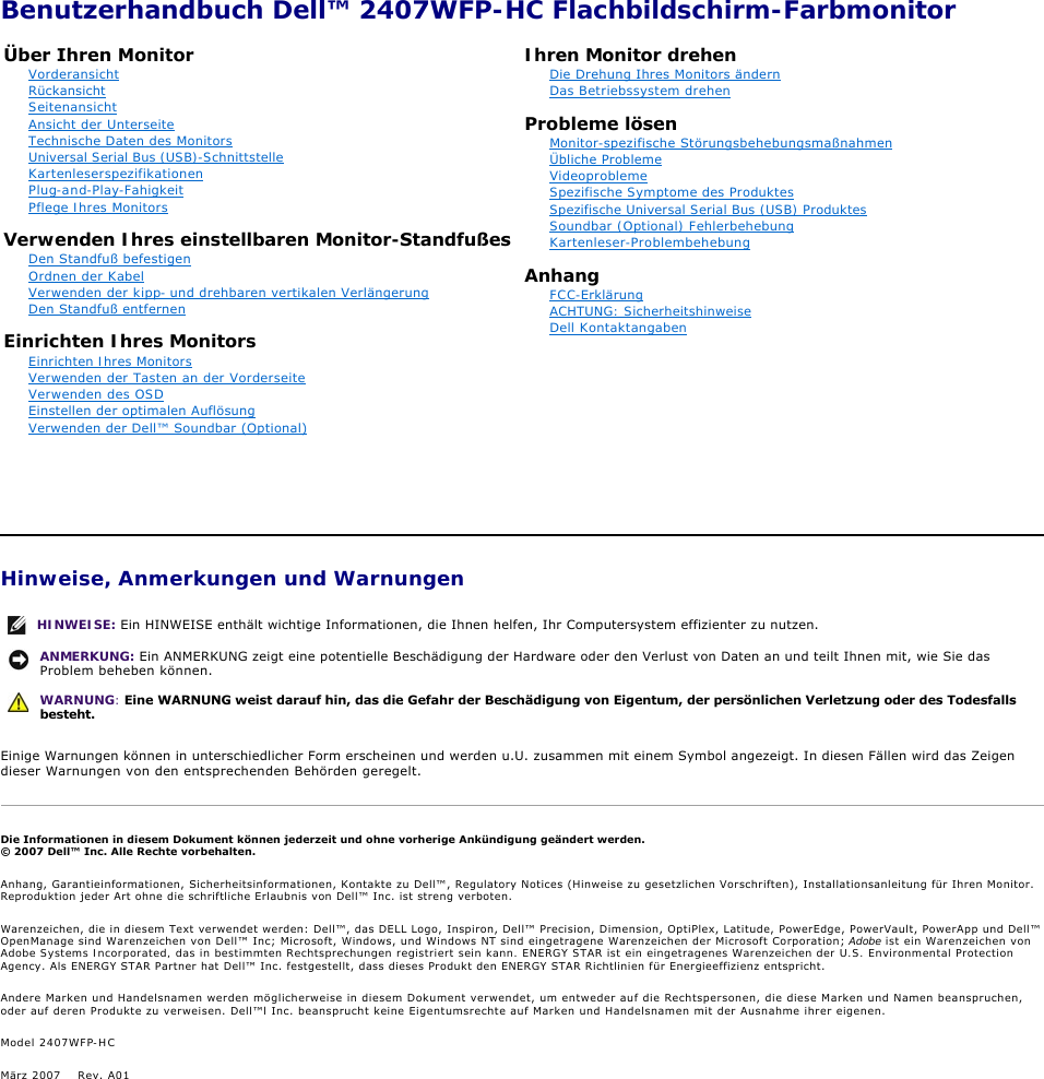 Dell 2407wfp hc Monitor Benutzerhandbuch User Manual User's Guide De