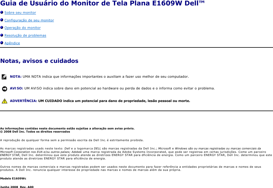 Dell e1609wfp Monitor Guia De Usuário User Manual UsuÃ¡rio User's Guide ...
