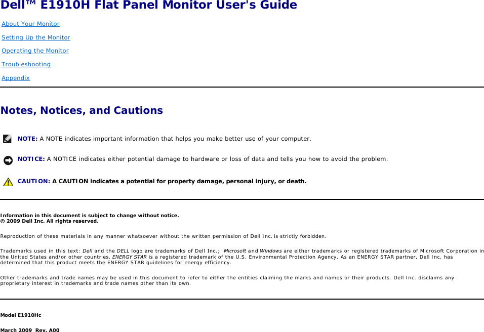 Dell e1910h Monitor User's Guide User Manual En us