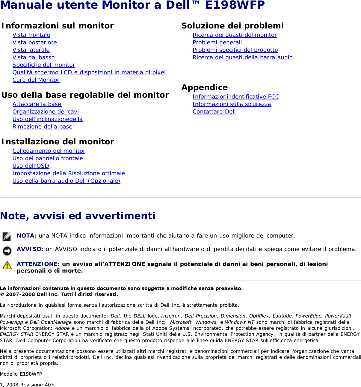 Dell e198wfp Manuale Utente Monitor A Dell™ User Manual User's Guide It