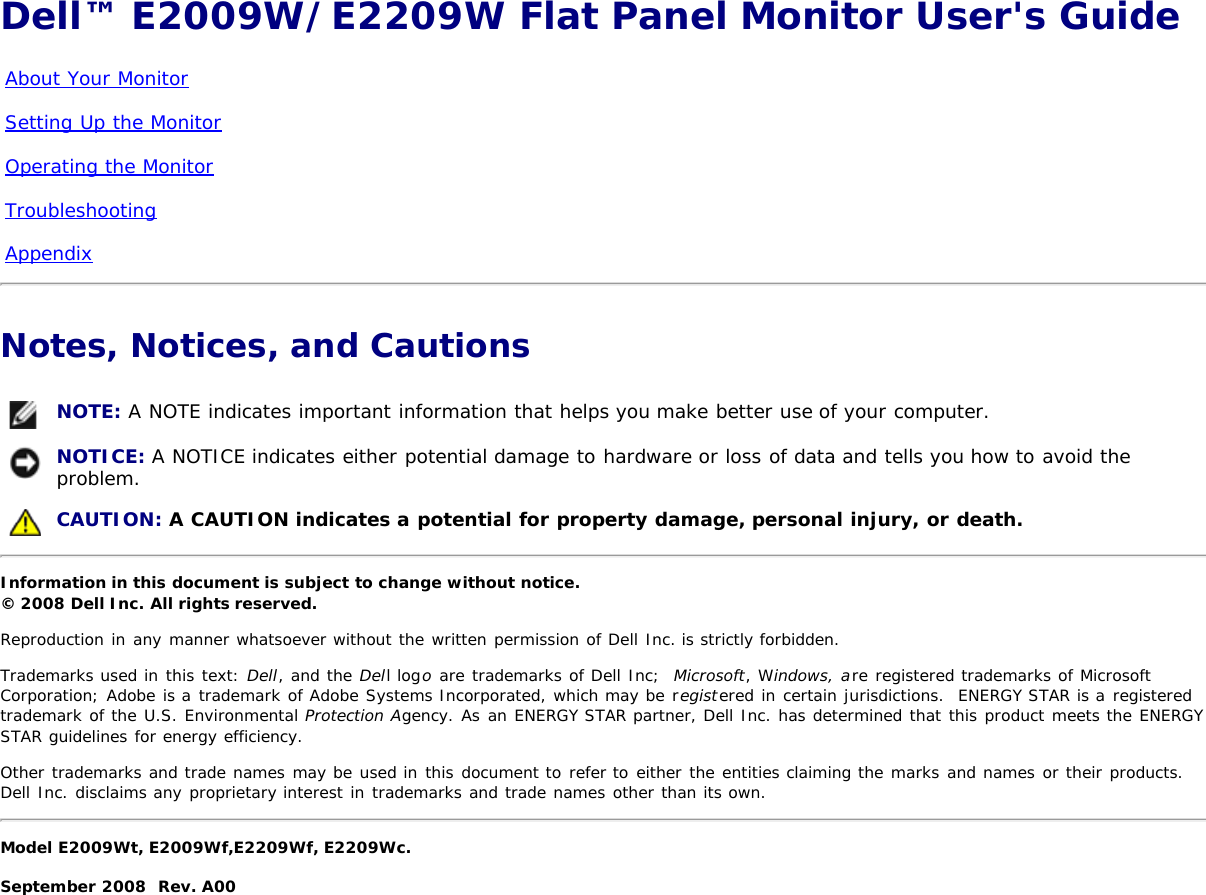 Dell e2209wfp Dell™ E2009W/E2209W Flat Panel Monitor User's Guide User ...