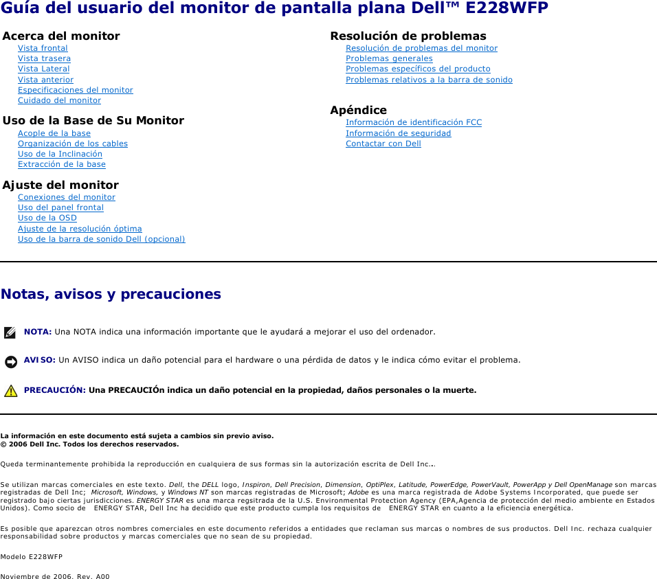 Dell e228wfp Monitor Guía Del Usuario User Manual GuÃ­a User's Guide Es mx