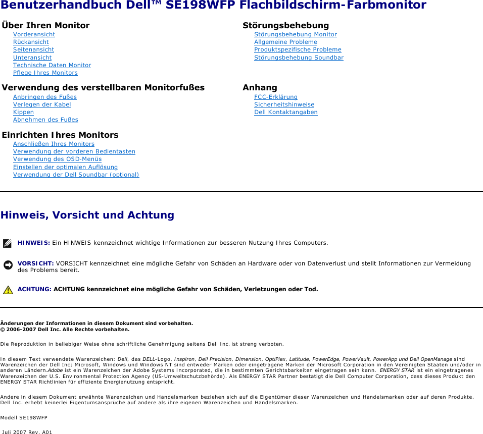 Dell se198wfp Monitor Benutzerhandbuch User Manual User's Guide De