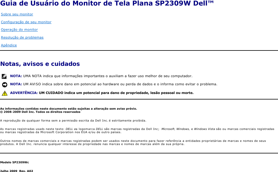 Dell sp2309wfp Monitor Guia De Usuário User Manual UsuÃ¡rio User's ...