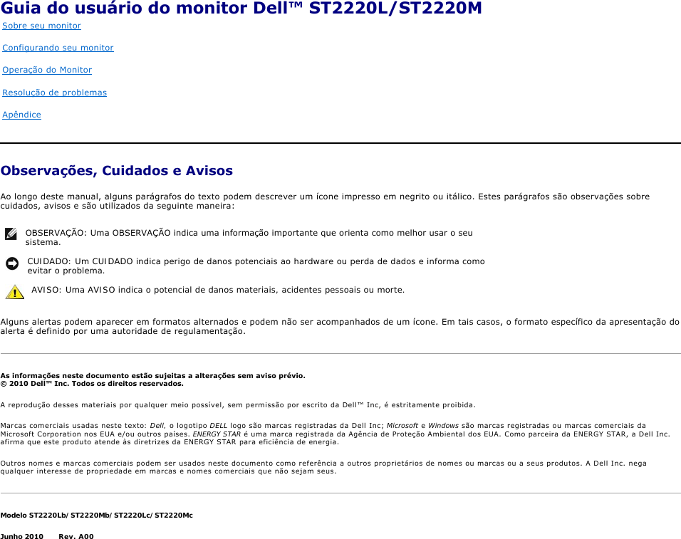 Dell st2220l Monitor Guia Do Usuário User Manual UsuÃ¡rio User's Guide ...