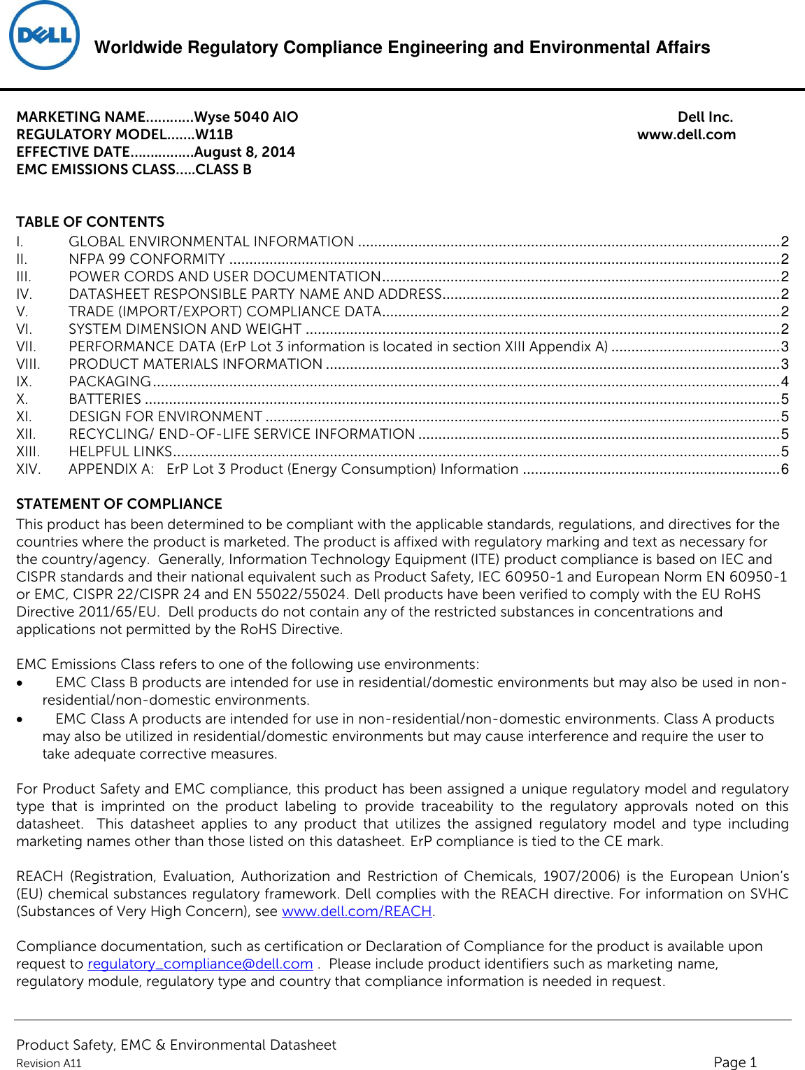 Dell Wyse 5040 Product Safety, EMC And Environmental Datasheet User ...