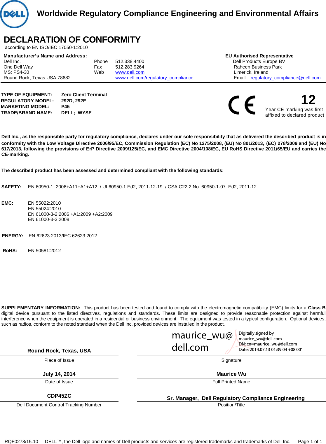 Dell Wyse 7030 zero client Europe, CE DoC For P45 (4 14 14) User Manual ...