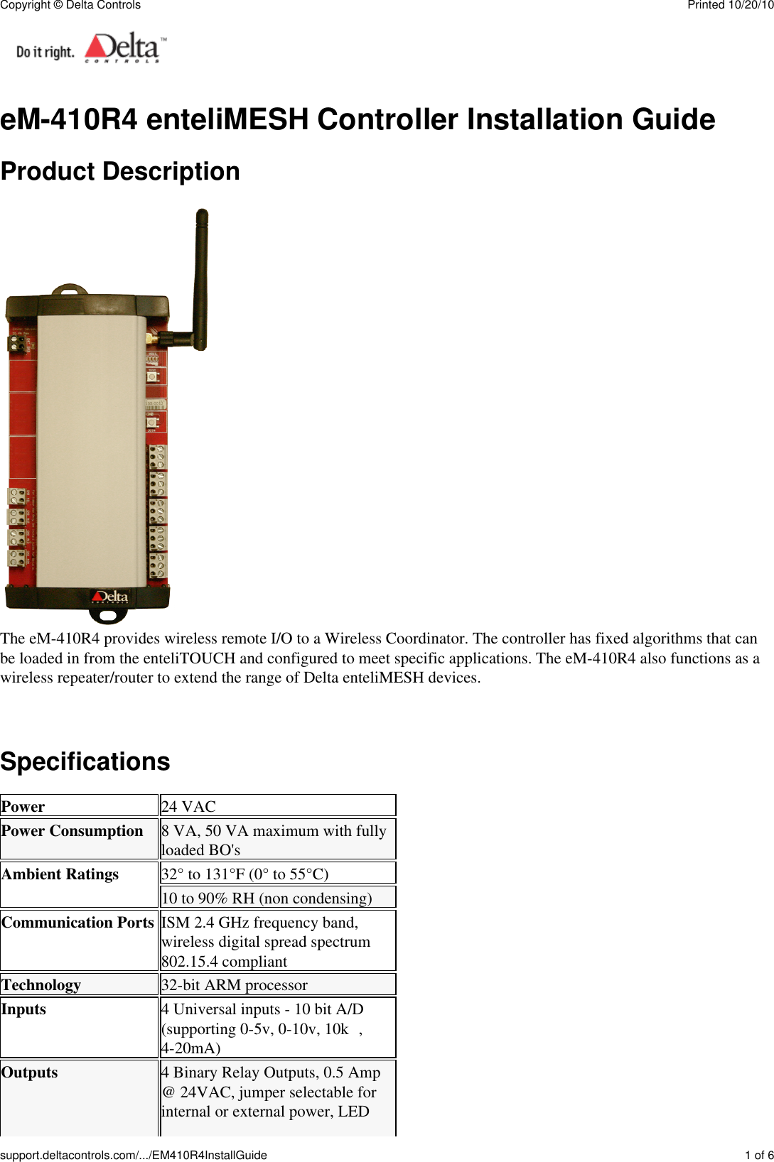 Delta Controls EM410R4 WIRELESS FIELD MODULE WITH 4 UIs, 1 AO AND 4 BOs ...