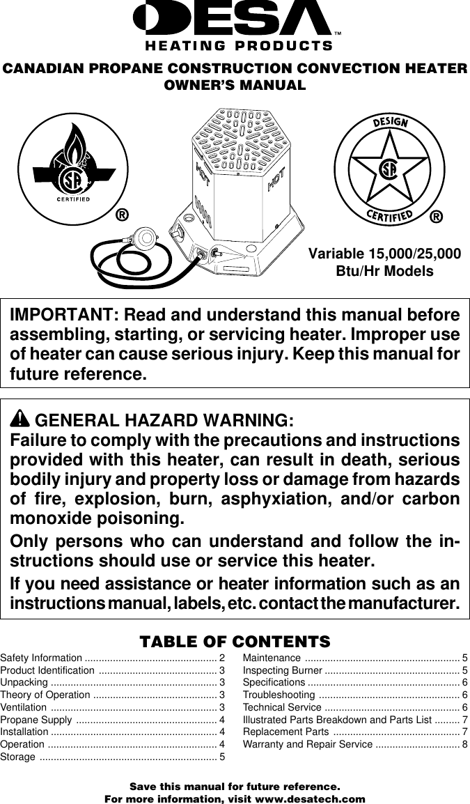 Desa Canadian Propane Construction Convection Heater Users Manual