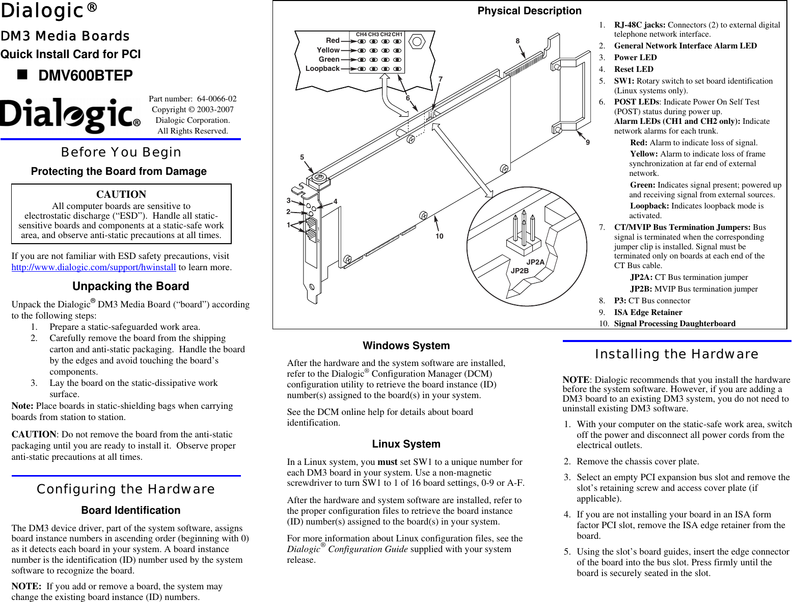 Dialogic Dm3 Media Boards Dmv600Btep Users Manual Dialog/HD PCI