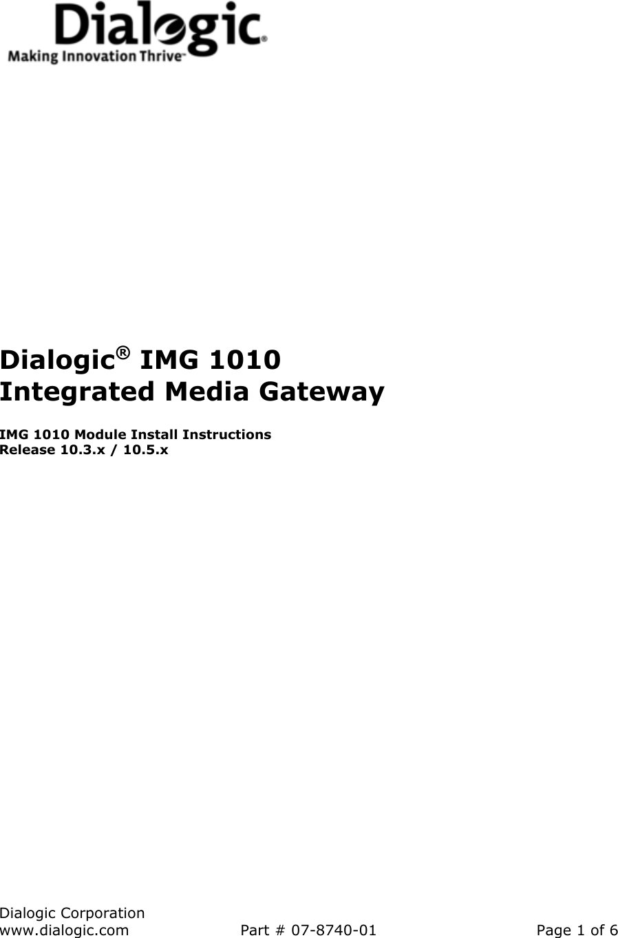 Dialogic Integrated Media Gateways Img 1010 Users Manual Module Install Instructions