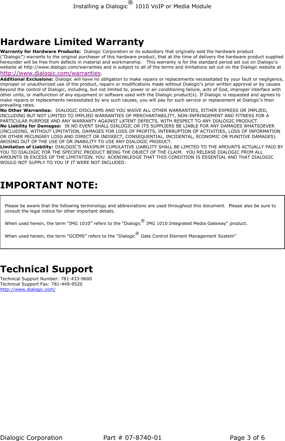 Dialogic Integrated Media Gateways Img 1010 Users Manual Module Install Instructions