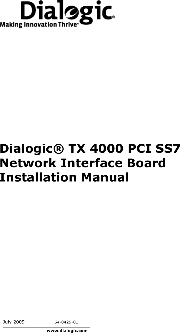 Dialogic Tx4000 Pci Ss7 Users Manual Dialogic® TX 4000 Network Interface Board Installation