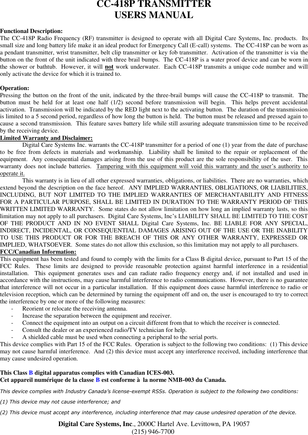 Digital Care Systems CC418P 418 MHz Pendant Transmitter User Manual WM ...