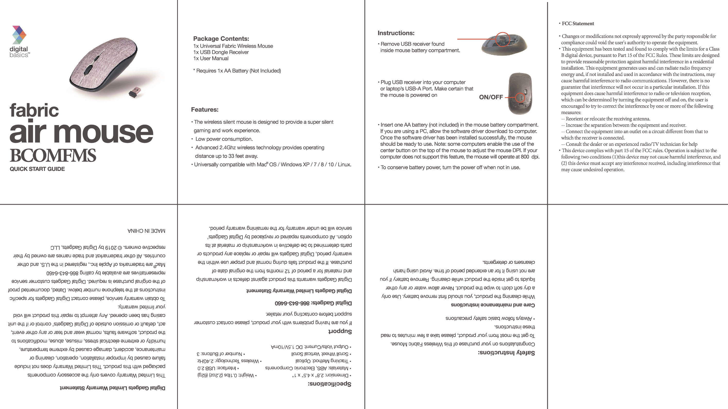 Digital Gadgets BCOMFMS fabric air mouse User Manual