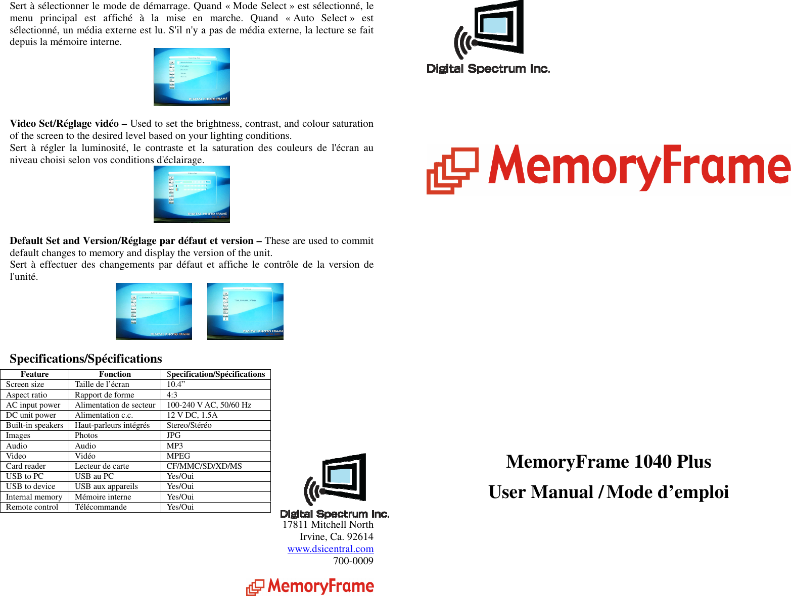 Digital Spectrum Memoryvue 1040 Plus Users Manual MemoryFrame MF ...