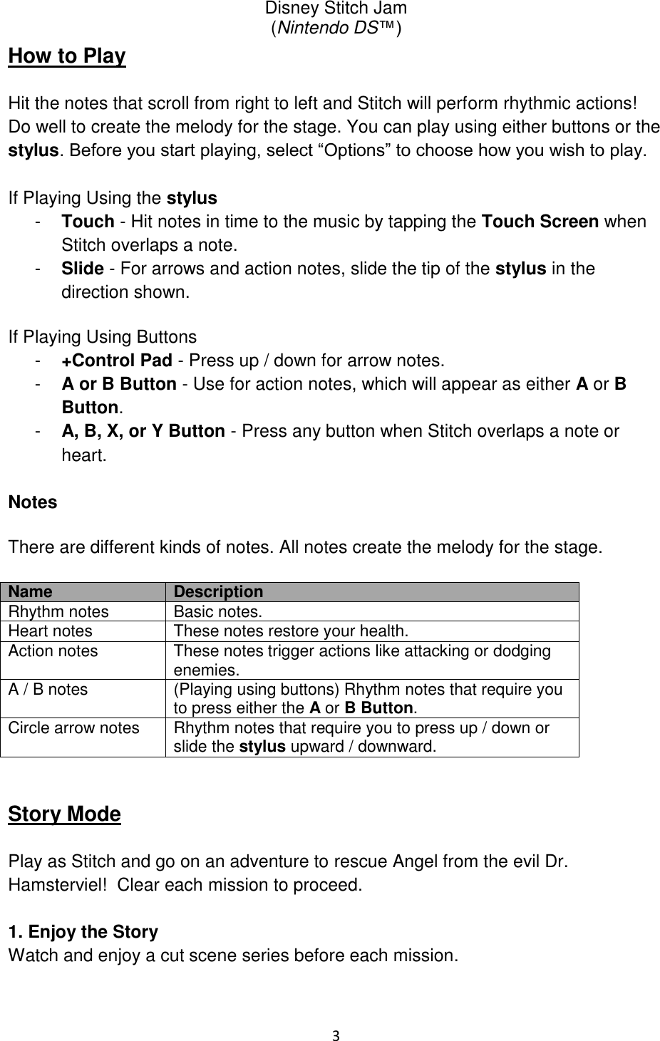 Disney Interactive Studios Stitch Jam For Nintendo Ds Users Manual