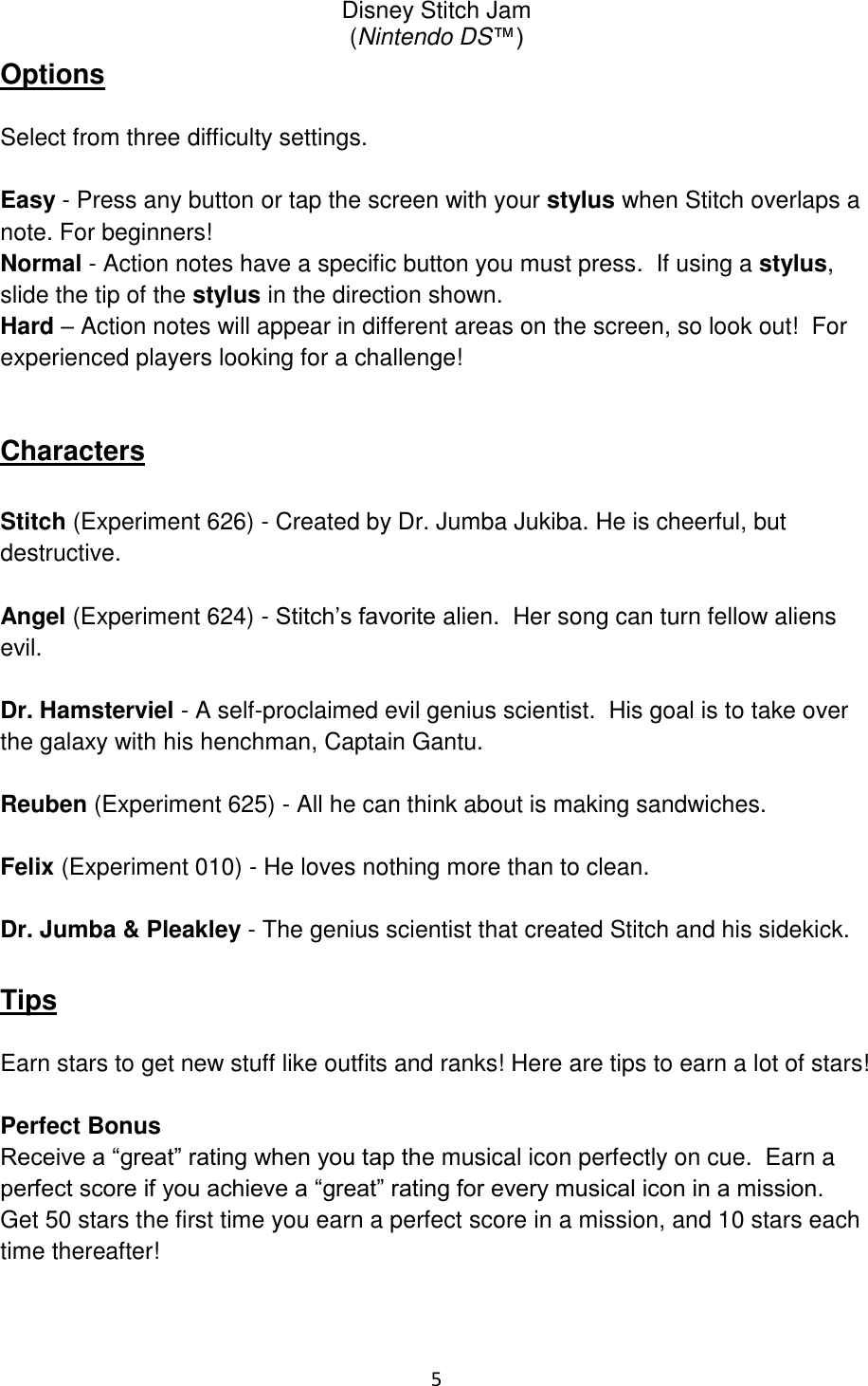Disney Interactive Studios Stitch Jam For Nintendo Ds Users Manual