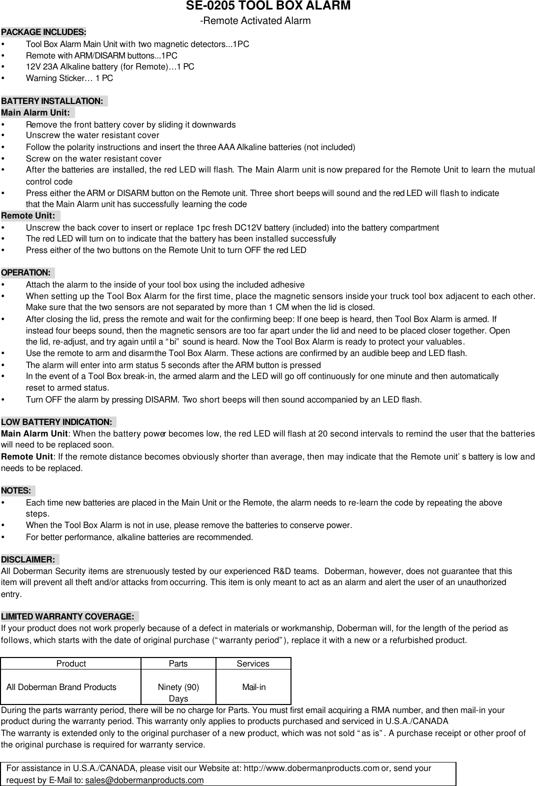 Doberman Security SE0205 TOOL BOX ALARM User Manual SE 0205 Manual 060821