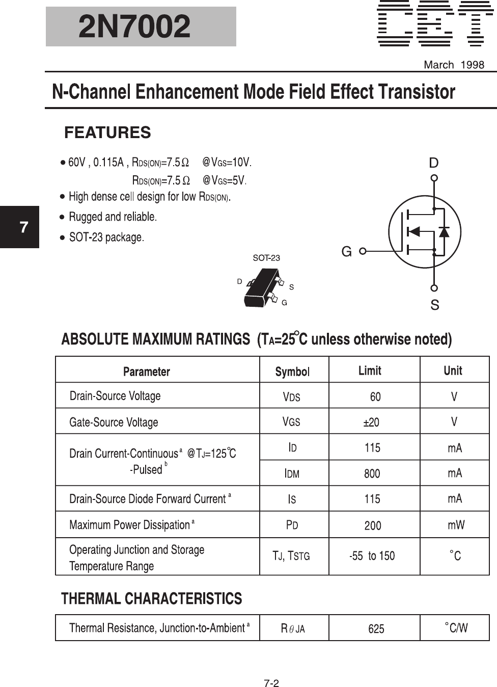 2N7002 Datasheet. Www.s manuals.com. Cet