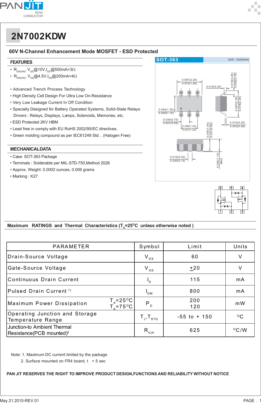 2N7002KDW Datasheet. Www.s manuals.com. Panjit