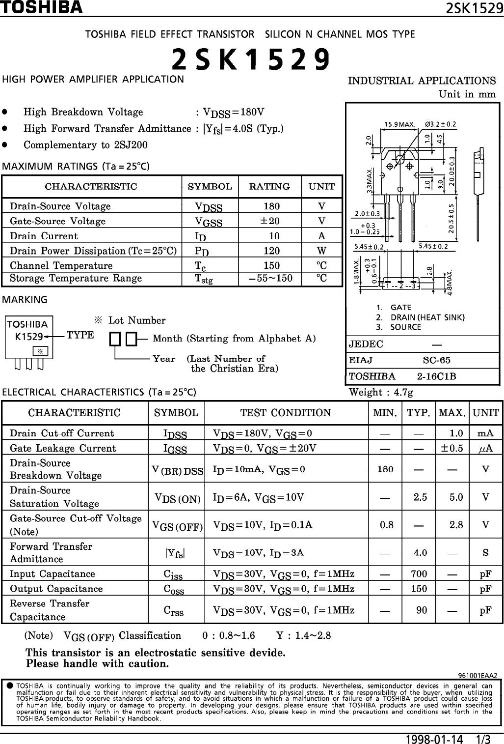 2SK1529 Datasheet. Www.s manuals.com. Toshiba