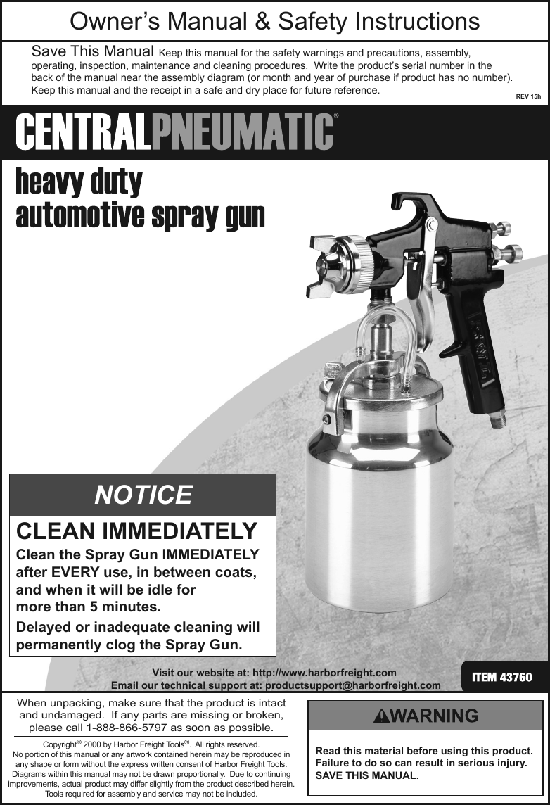 Manual For The 43760 Industrial Air Paint Spray Gun