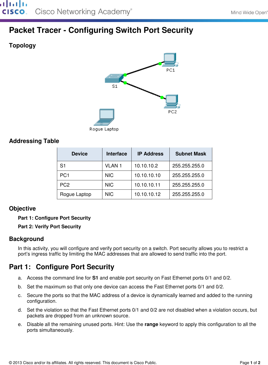 5.2.2.7 Packet Tracer Configuring Switch Port Security Instructions