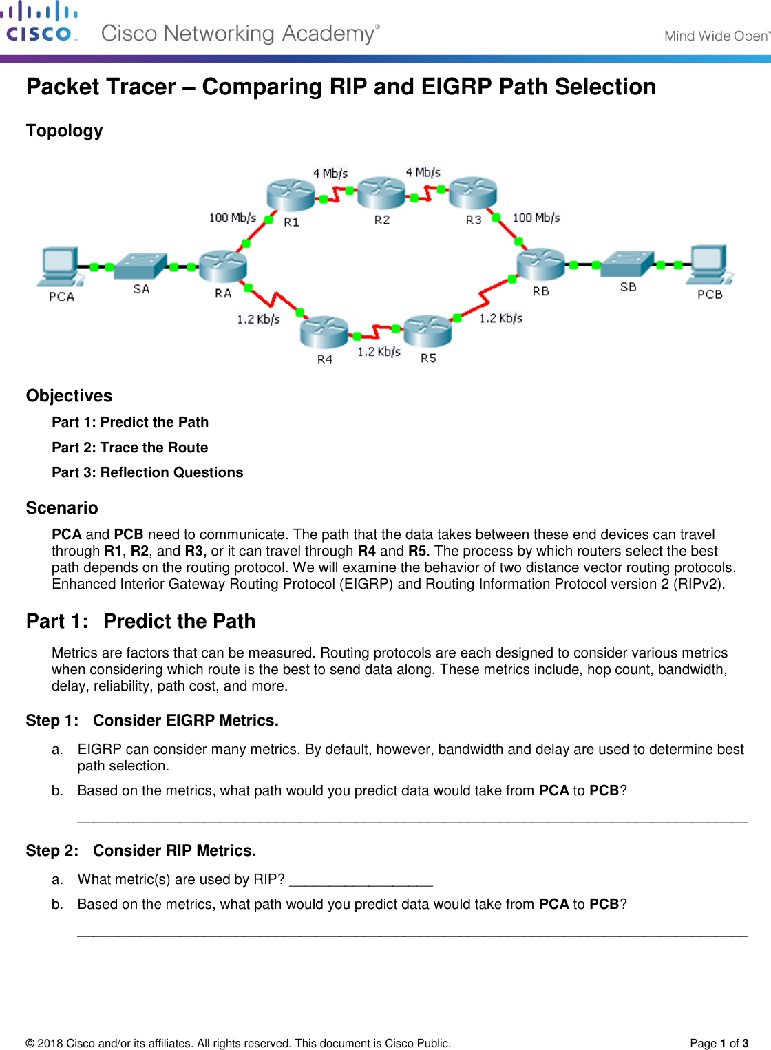 5.2.3.4 Packet Tracer Comparing RIP And EIGRP Path Selection Instructions