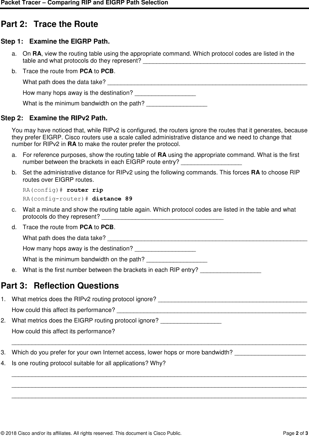 5.2.3.4 Packet Tracer Comparing RIP And EIGRP Path Selection Instructions