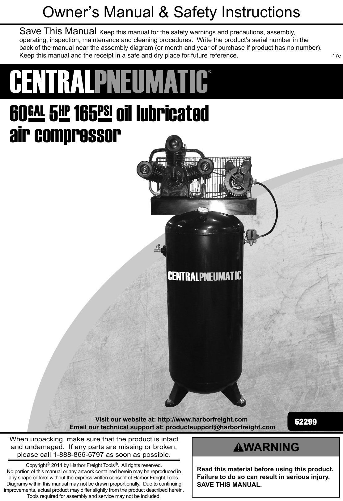Manual For The 62299 60 Gal. 5 HP 165 PSI Two Stage Air Compressor