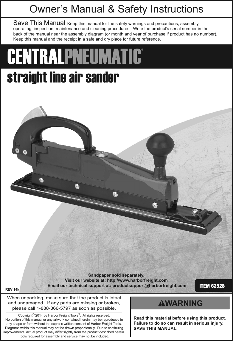 Manual For The 62528 Air Inline Sander