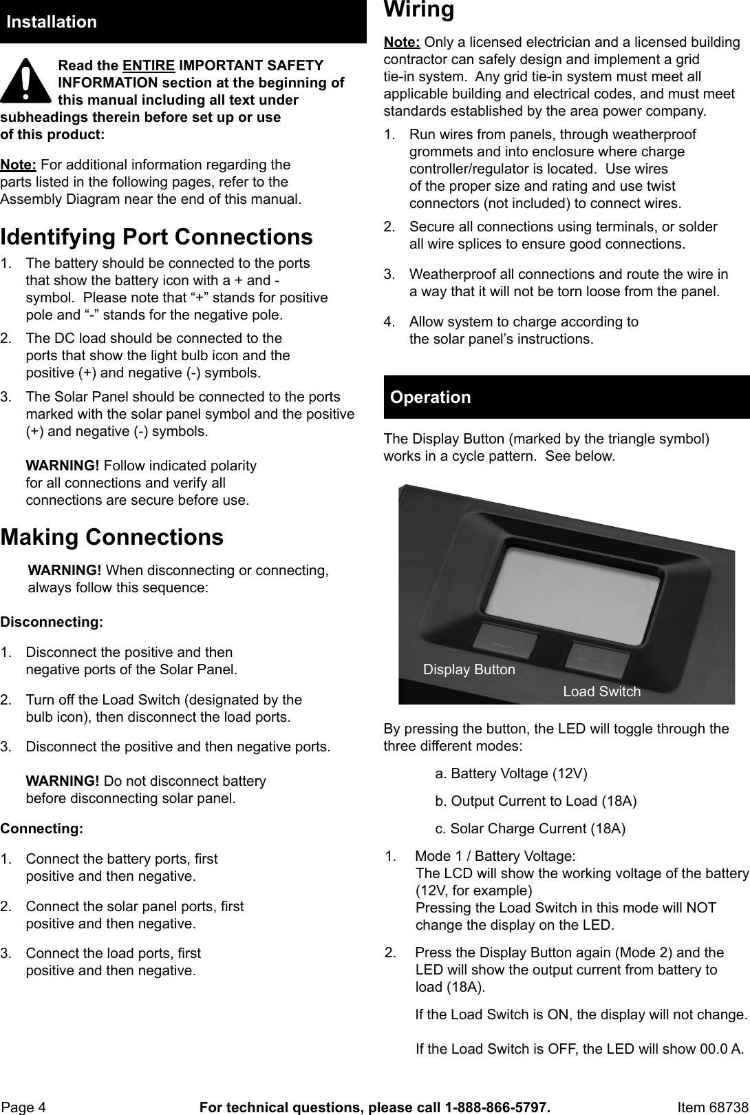 Manual For The 68738 30 Amp Solar Charge Controller