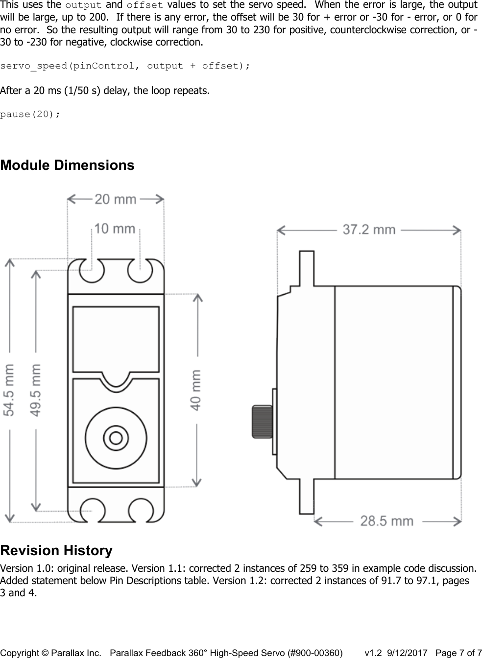 Parallax Feedback 360° High Speed Servo 900 00360 Product Guide 900 00360 360 Hs V12 