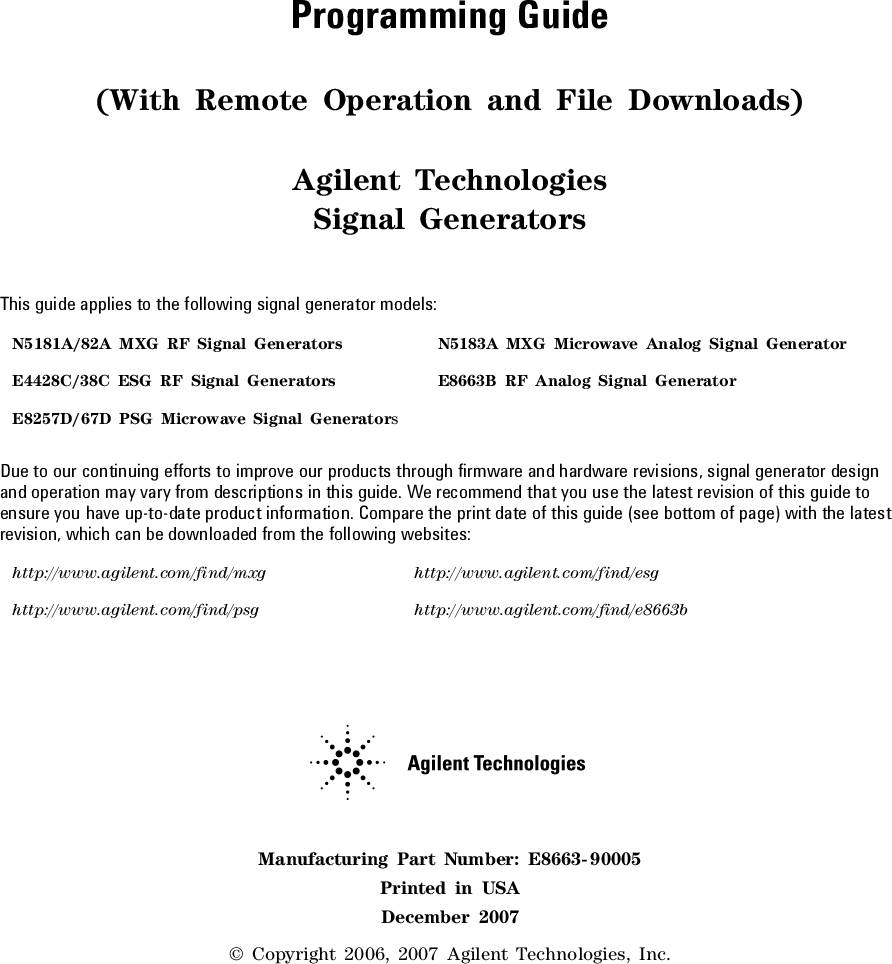 Programming Guide, Agilent Technologies Signal Generators PSG 8267D Manual
