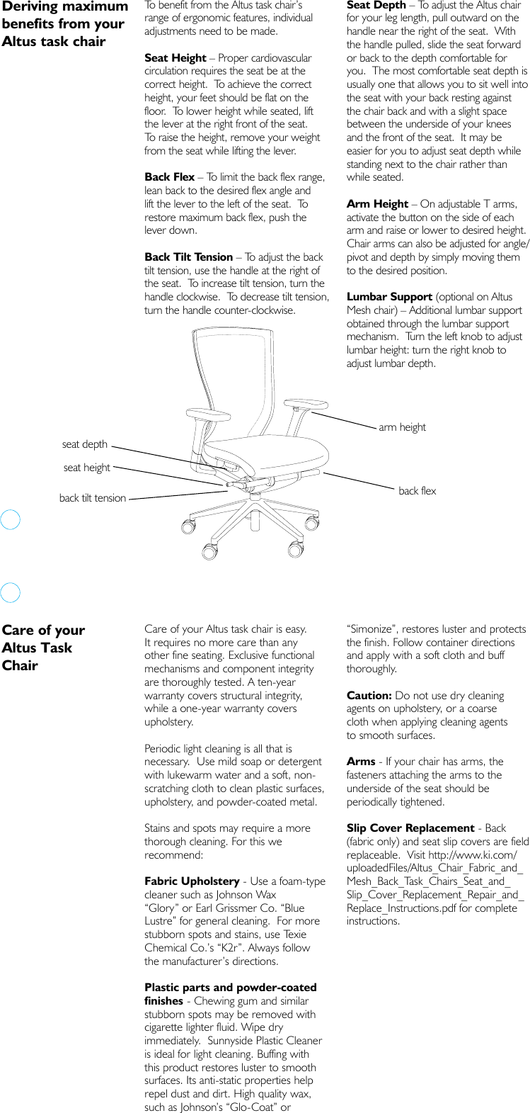 Altus Task Chair Operating Instructions