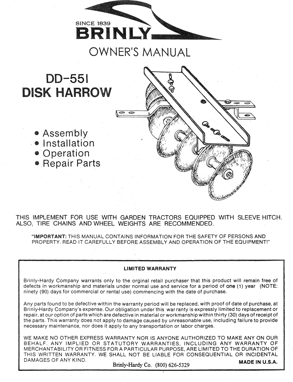 Brinly Sleeve Hitch Disk Harrow (DD 551) Harrow(DD