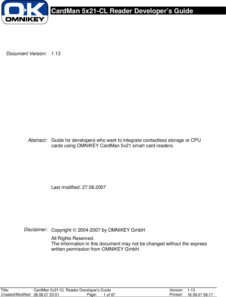 CardMan 5x21 CL Reader Developers Guide Card Man V1 13
