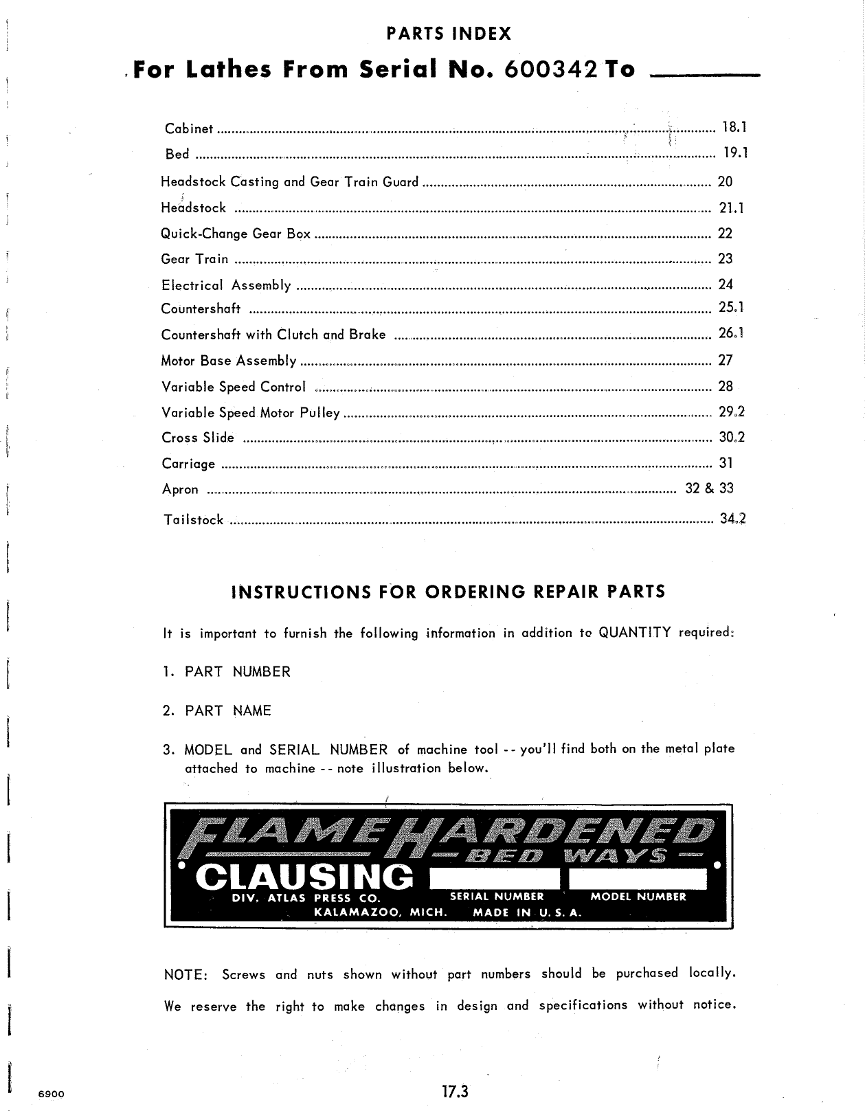 Clausing 6900 Series Parts