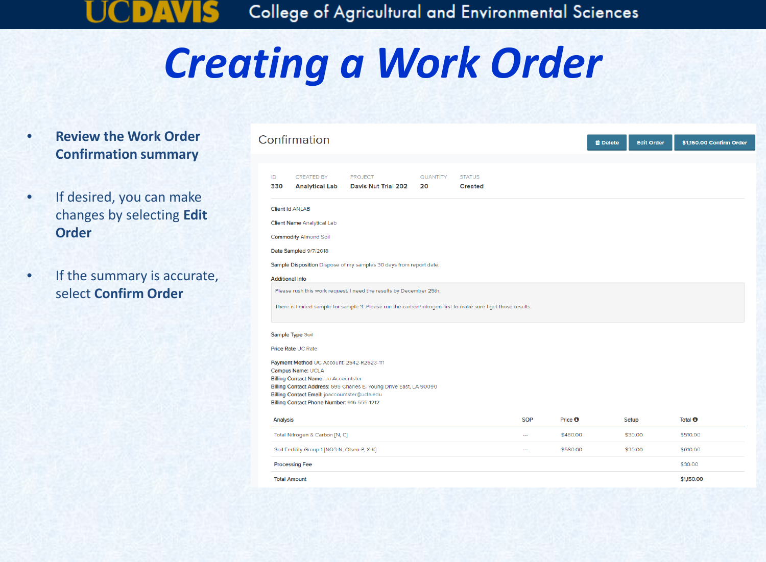 UC Davis Analytical Laboratory Overview Client Instructions Create Work ...