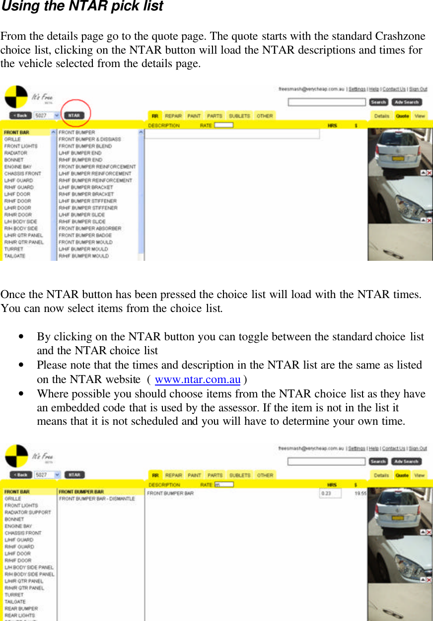 Crashzone Quoting With NTAR User Manual 20090629