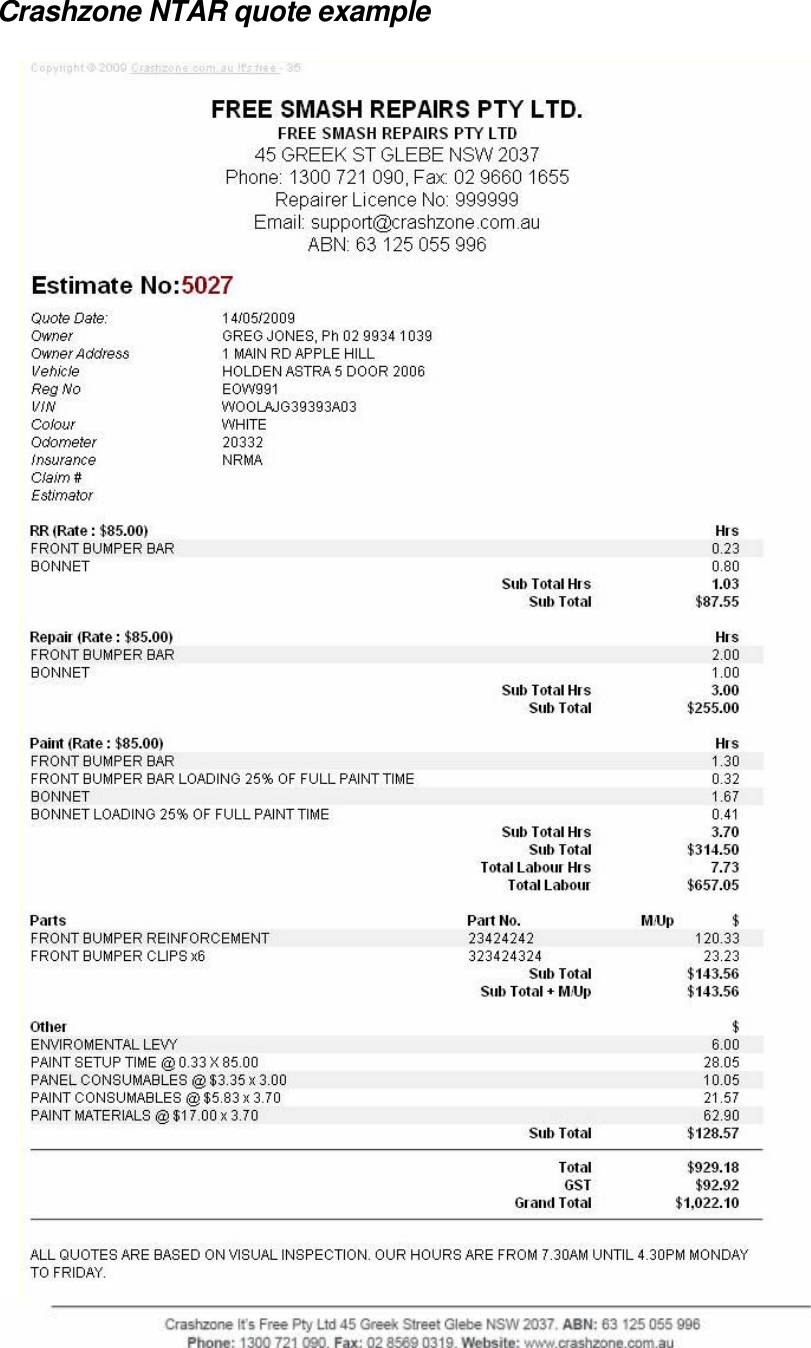 Crashzone Quoting With NTAR User Manual 20090629