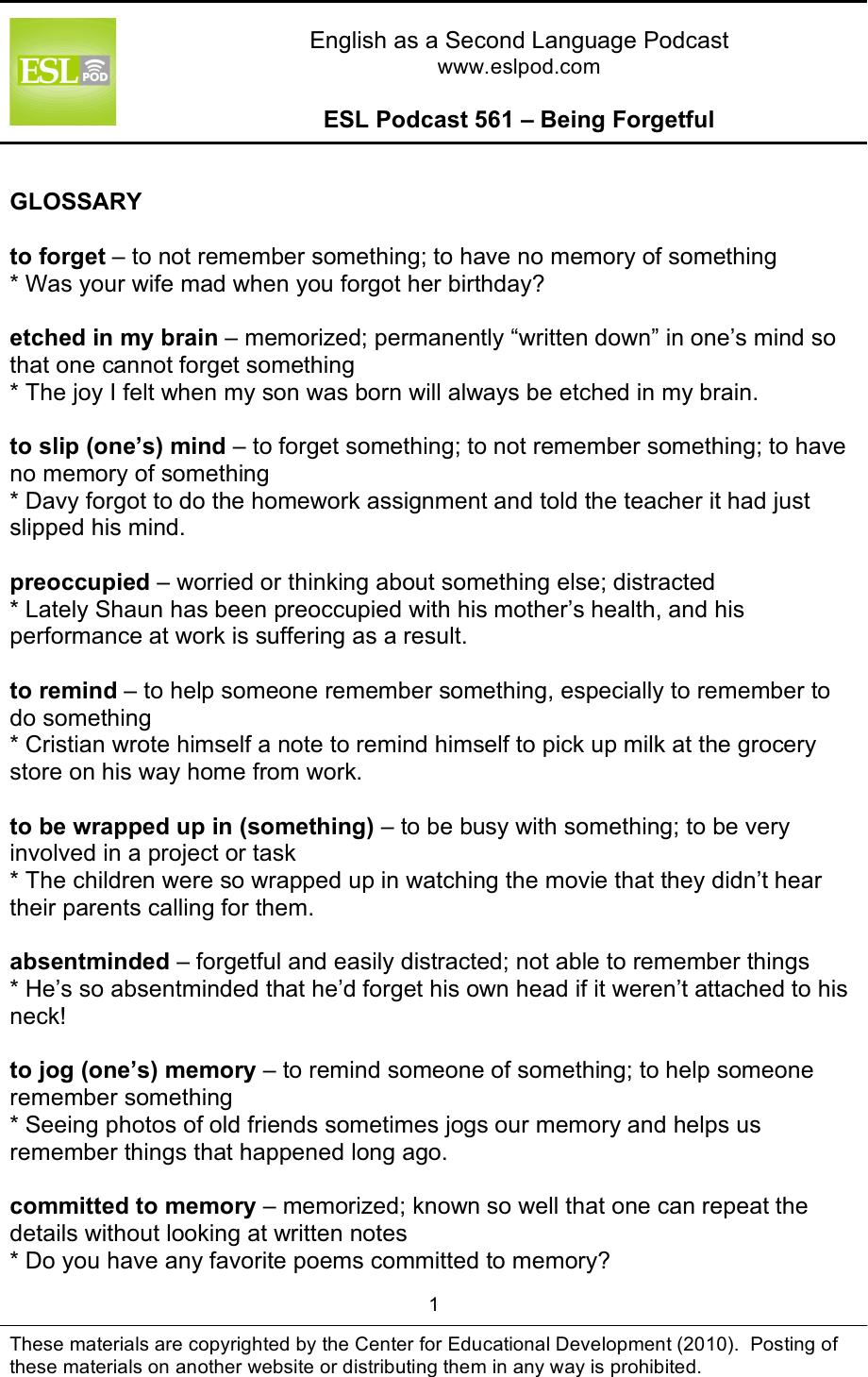 L_ESLPod_561_Guide ESLPod 561 Guide Being Forgetful