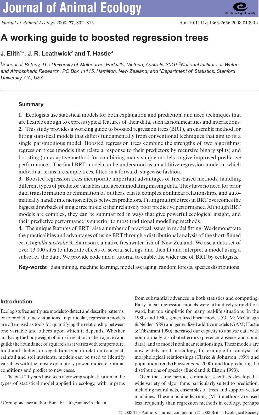 A Working Guide To Boosted Regression Trees Elith