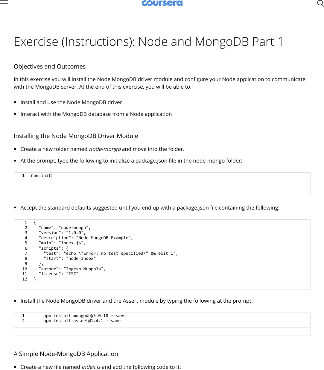 Exercise (Instructions) Node And Mongo DB Part 1 Coursera