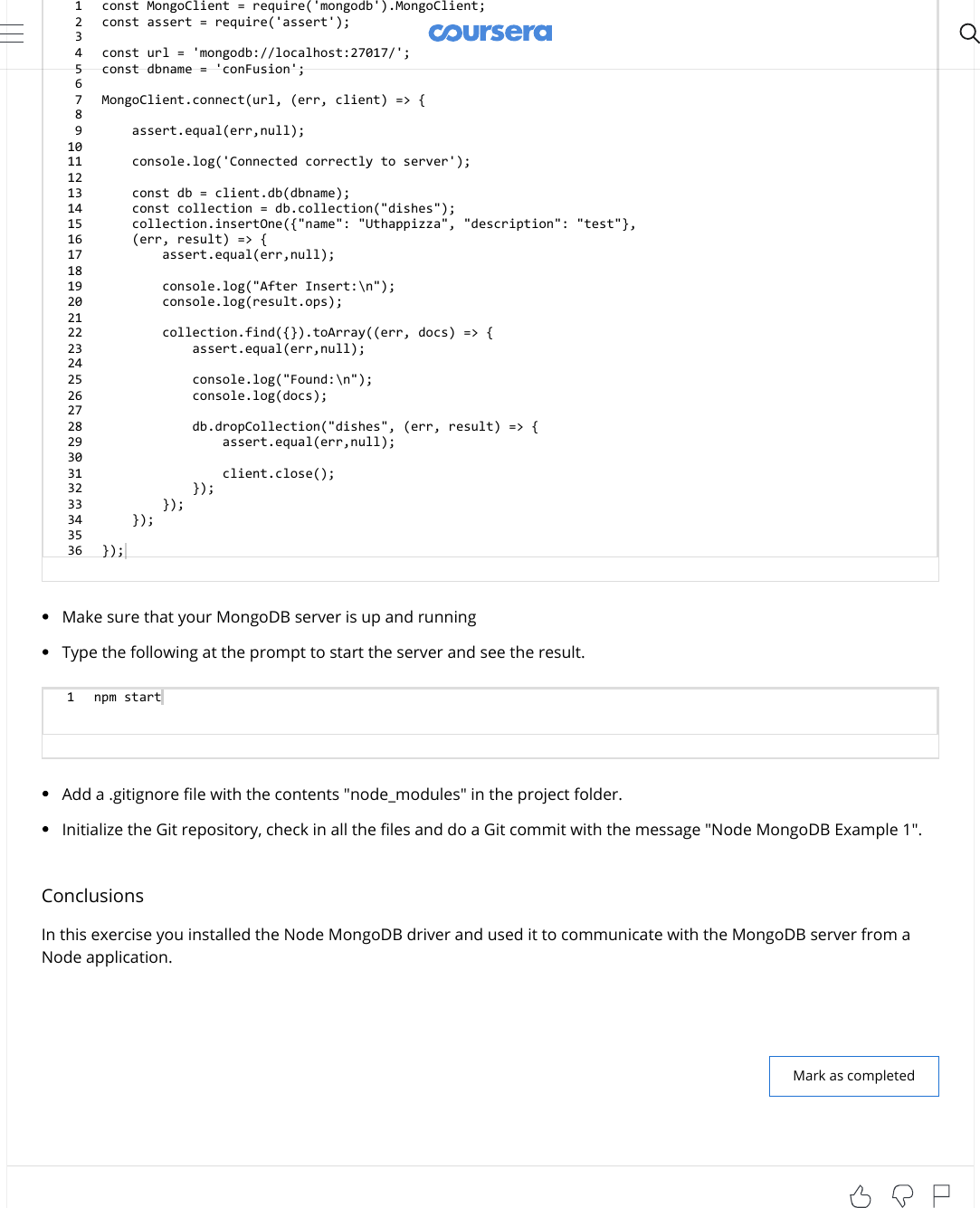 Exercise (Instructions) Node And Mongo DB Part 1 Coursera