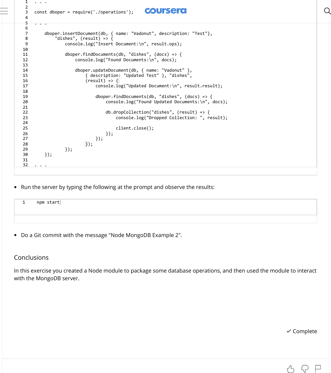 Exercise (Instructions) Node And Mongo DB Part 2 Coursera