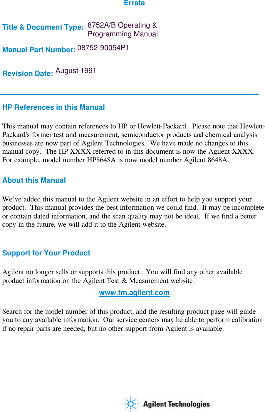 HP 8752A,B Network Analyzer operators, programming part 1 1991 WW