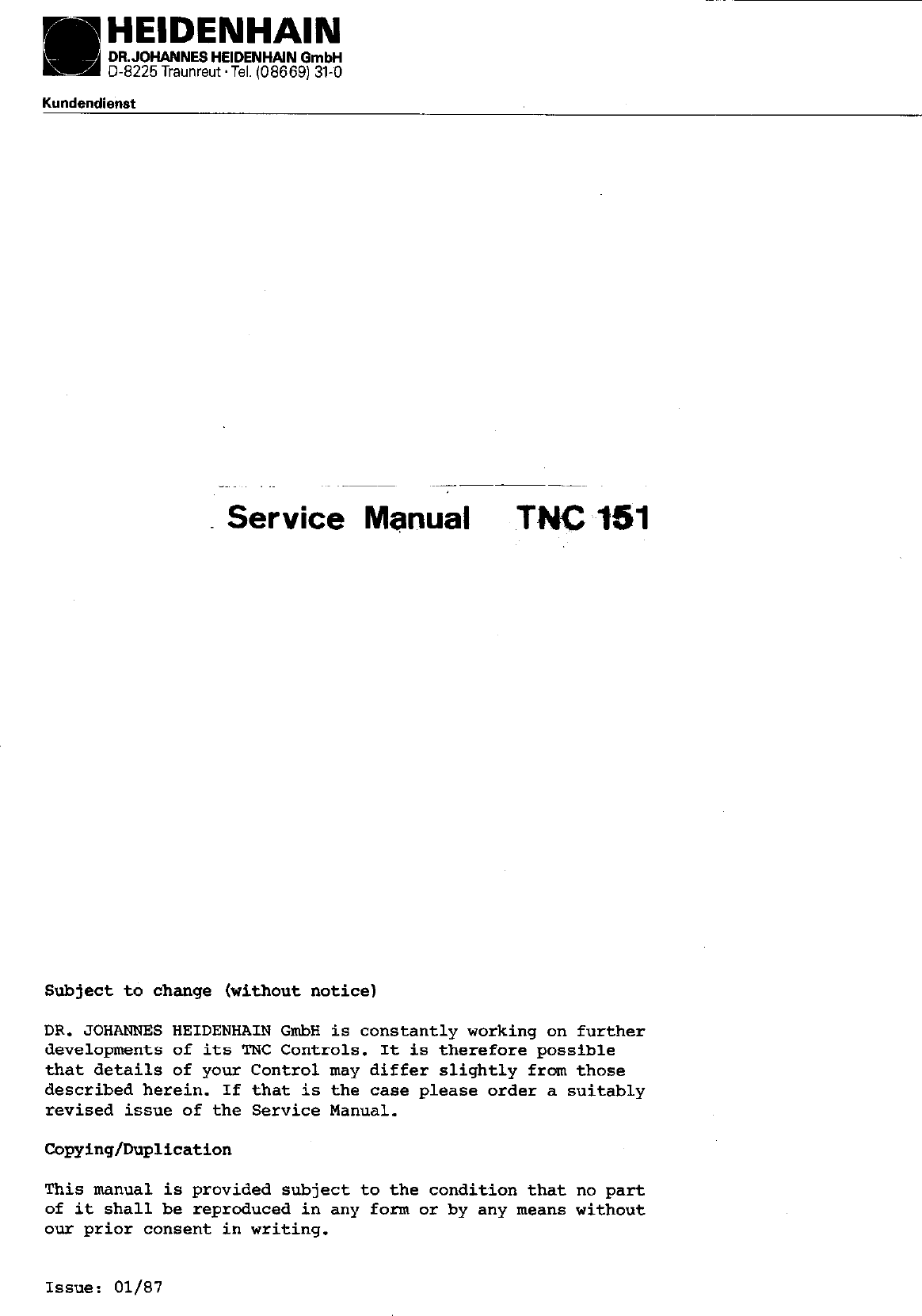 Service Manual TNC 151 Heidenhain AP Instructions